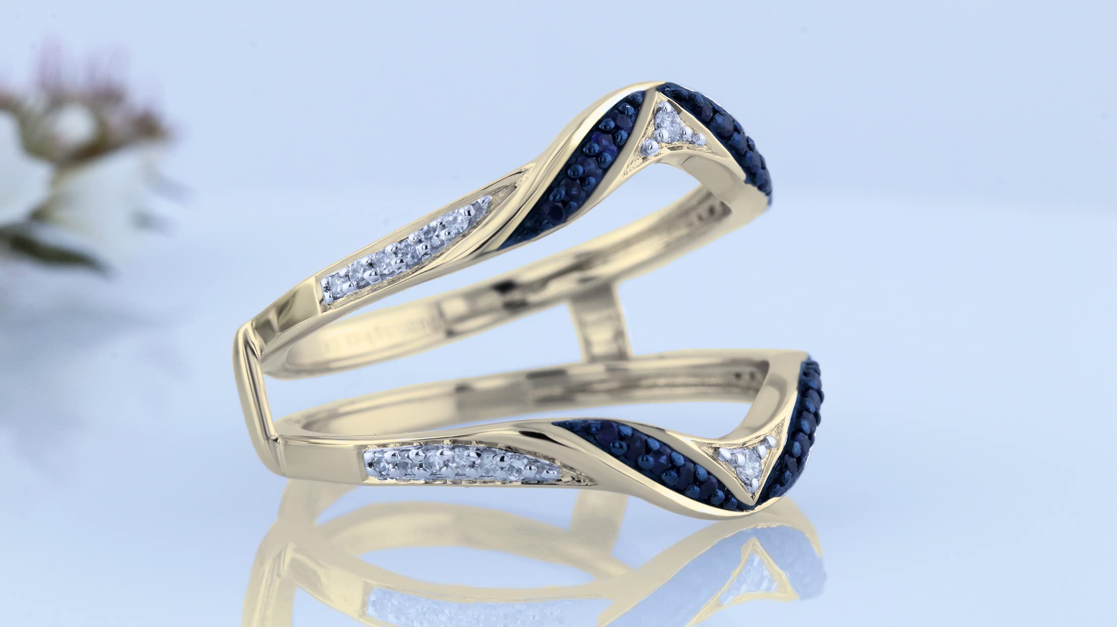 Dazzlingrock Collection Round Blue Sapphire & White Diamond Ladies Wedding Band Guard Double Ring in 14K Yellow Gold, Size 6