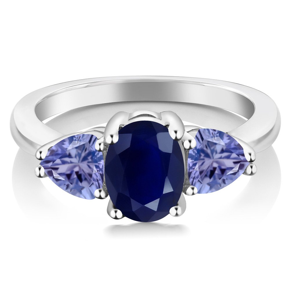 Gem Stone King 925 Sterling Silver Blue Sapphire and Blue Tanzanite 3-Stone Ring for Women (2.59 Cttw, Gemstone Birthstone, Available In Size 5, 6, 7, 8, 9)