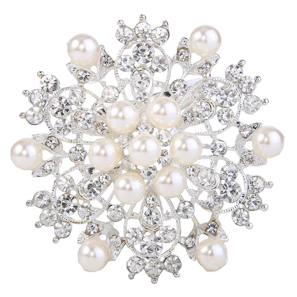 EVER FAITH Austrian Crystal Cream Simulated Pearl Elegant Flower Corsage Brooch Clear Silver-Tone