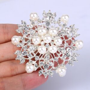 EVER FAITH Austrian Crystal Cream Simulated Pearl Elegant Flower Corsage Brooch Clear Silver-Tone