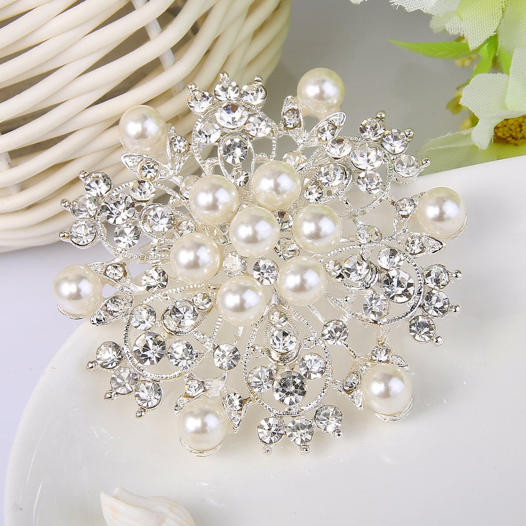 EVER FAITH Austrian Crystal Cream Simulated Pearl Elegant Flower Corsage Brooch Clear Silver-Tone