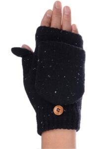 be your own style byos womens winter soft warm plush fleece lined convertible fingerless marble speckled knit mittens gloves glittens w/thumb flaps (black)