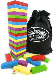 matty's mix-up 60pc large colorful wooden tumble tower deluxe stacking game with storage bag