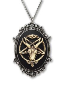 antiqued goat head satanic baphomet cameo bone on black in silver finish frame pendant necklace