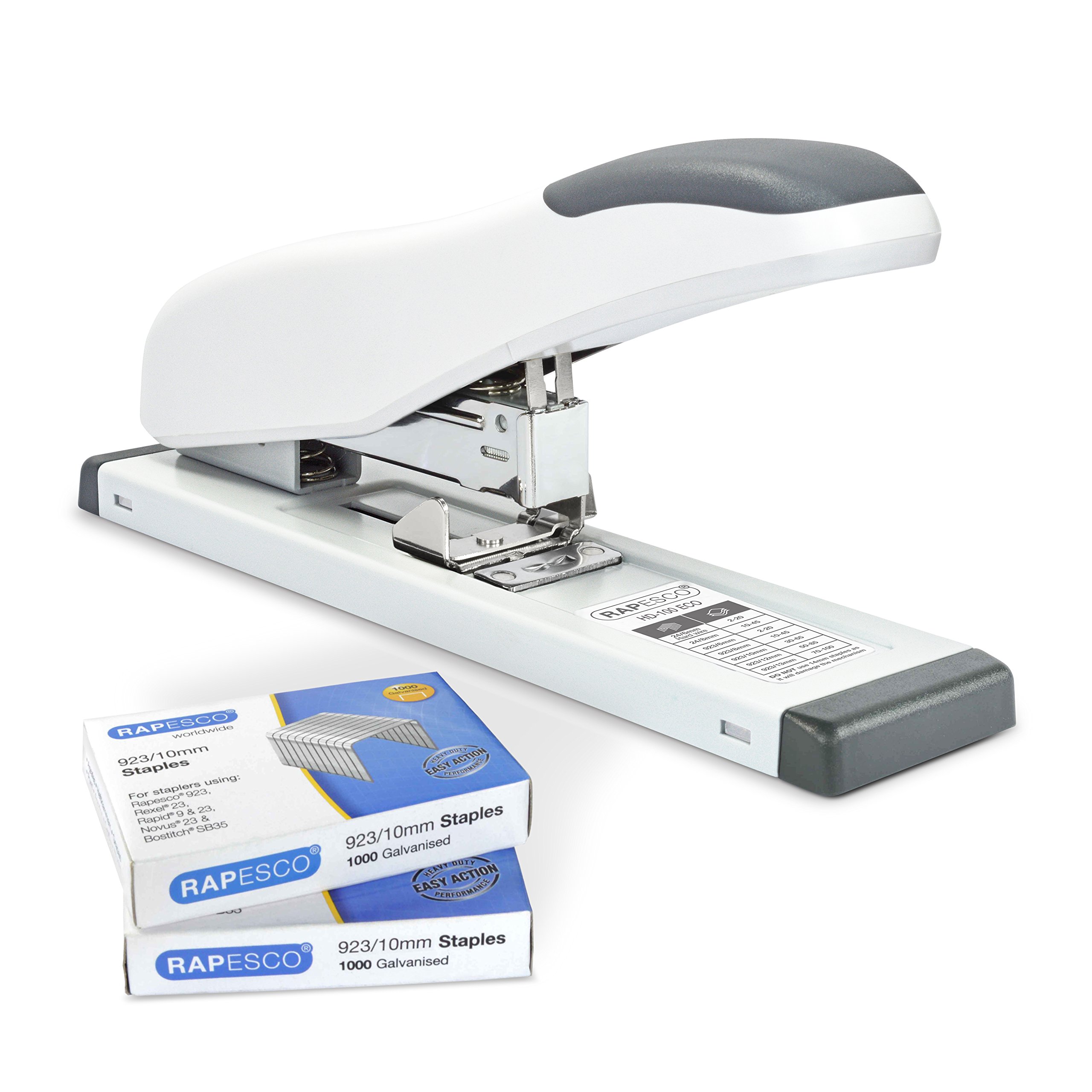 Rapesco 1391 ECO HD-100 Heavy-Duty Stapler with 2000 Type 923 Heavy-Duty 3/8" Staples, 100 Sheet Capacity, Soft White