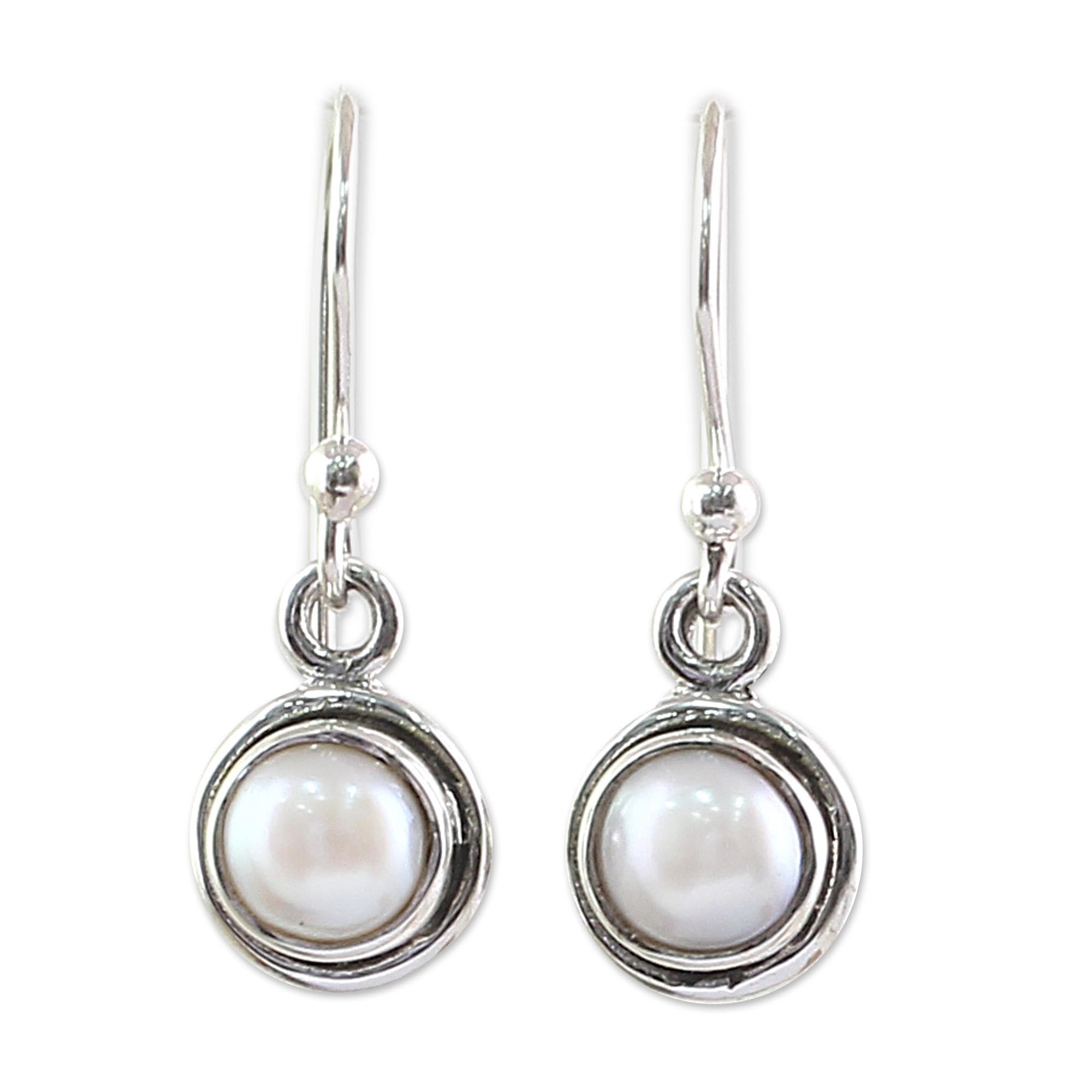 NOVICA Artisan Handmade Cultured Pearl Dangle Earrings Sterling Silver from India [1.5 in L x 0.4 in W] ' Purest Love'