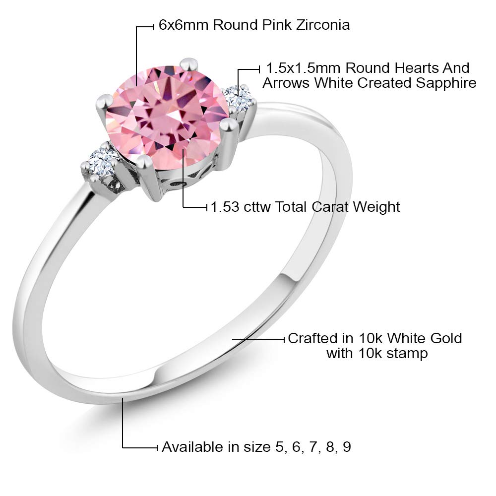 Gem Stone King 10K White Gold Pink Zirconia and White Created Sapphire Solitaire Engagement Ring For Women (1.53 Cttw, Round 6MM, Gemstone Birthstone, Size 9)