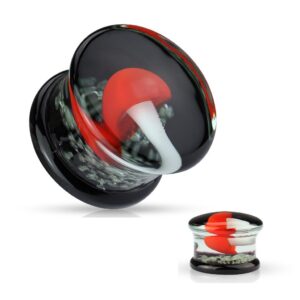 dynamique pair of pyrex glass double flared plugs black back with red and white mushroom on glow in dark sparkles