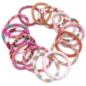 Wigspedia Handmade Crochet Glass Seed Bead Nepal Boho Yoga Bracelet - Wholesale Pink Scheme (12 Pieces Pink Nepal Bracelets)