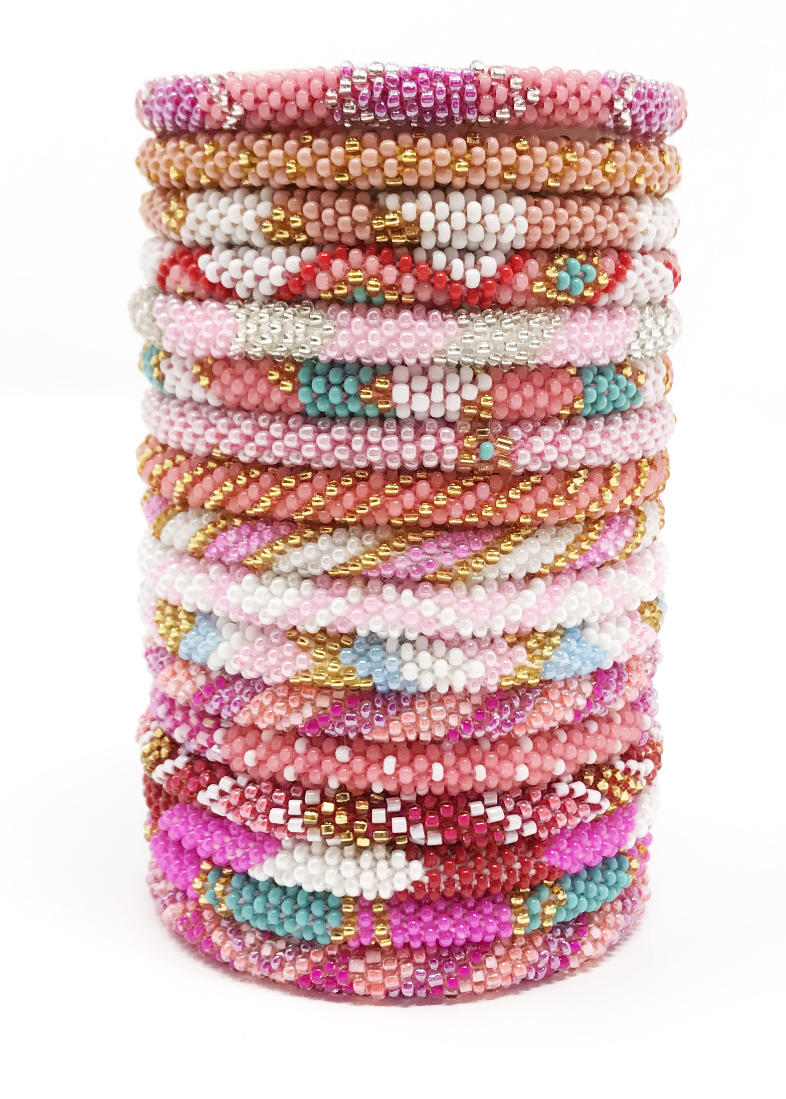 Wigspedia Handmade Crochet Glass Seed Bead Nepal Boho Yoga Bracelet - Wholesale Pink Scheme (12 Pieces Pink Nepal Bracelets)