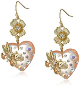 betsey johnson flower & heart double drop earrings