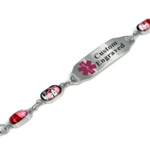 my identity doctor medical alert bracelet for women with engraving - steel & glass - purple - wrist size 5.5 inch