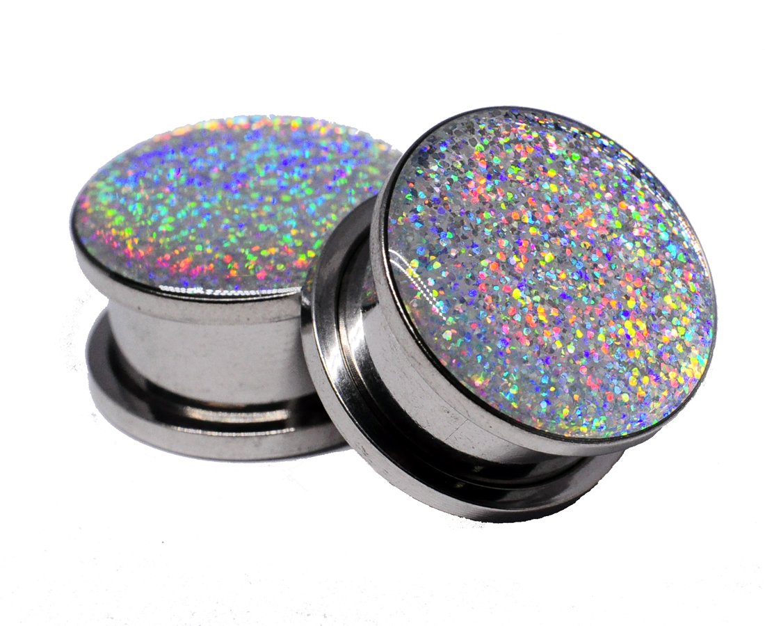 Mystic Metals Body Jewelry Screw on Plugs - Silver Holographic Glitter Plugs - Sold As a Pair (7/16" (11mm))