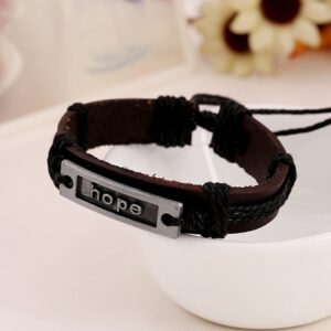 MORE FUN Vintage Mens Womens Coffee Leather Bangle Black Braided Rope Adjustable Wrap Bracelet (Hope)