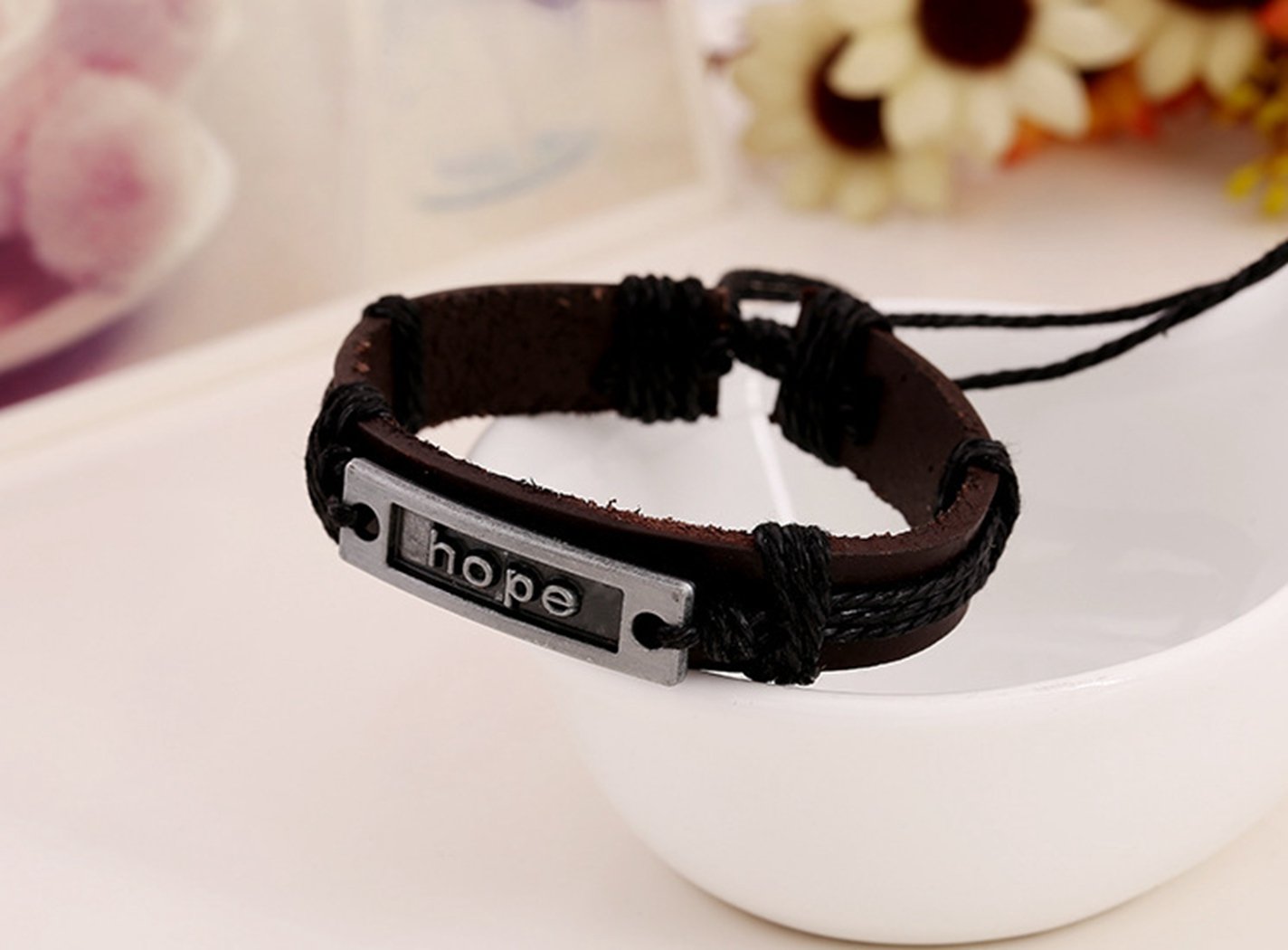 MORE FUN Vintage Mens Womens Coffee Leather Bangle Black Braided Rope Adjustable Wrap Bracelet (Hope)