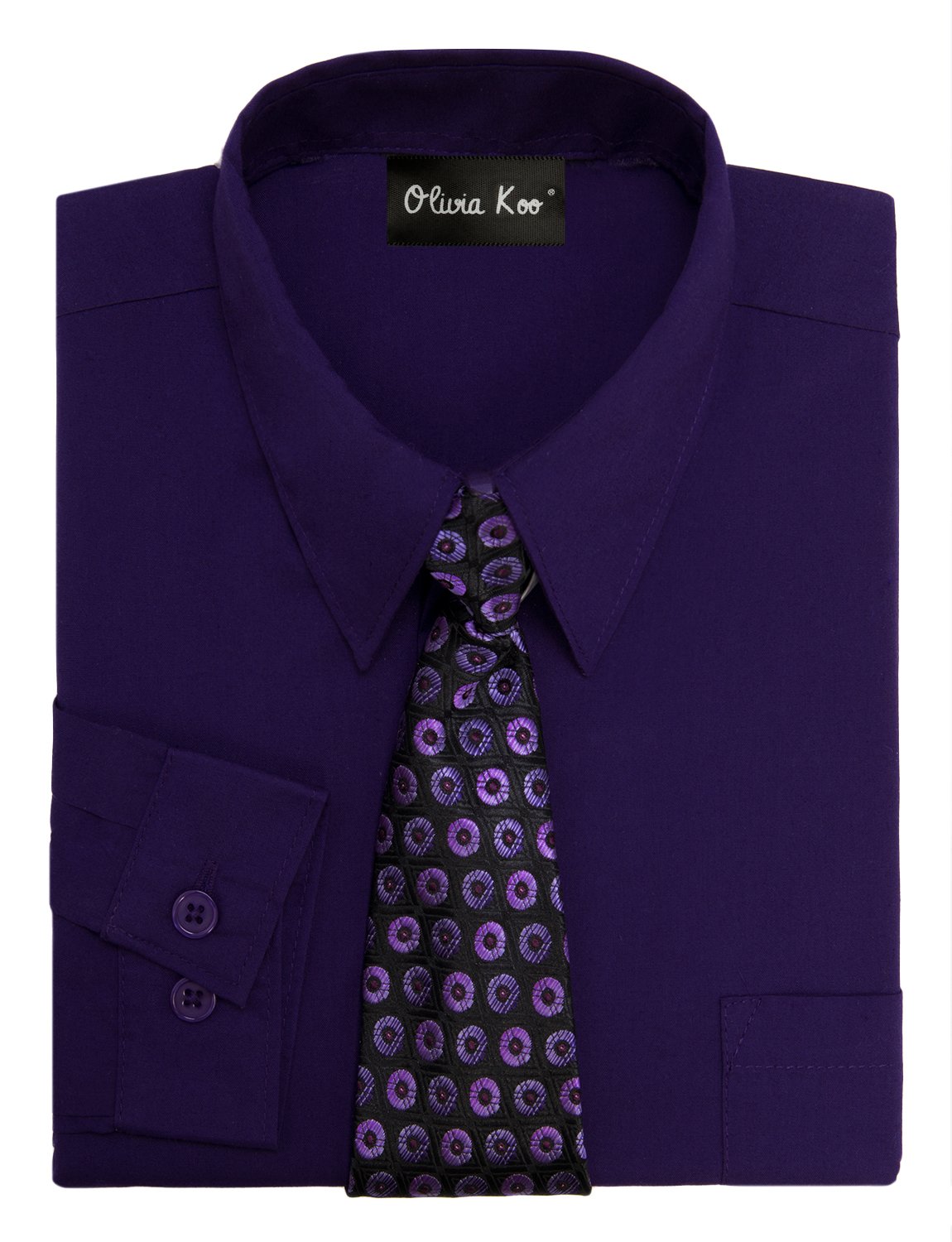 OLIVIA KOO Boys Solid Color Dress Shirt with Matching Tie Set,Purple,8