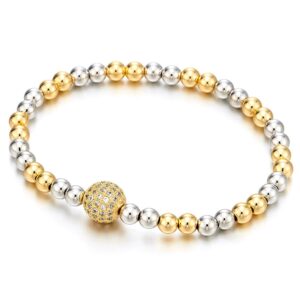 coolsteelandbeyond beautiful gold silver two-tone beads bracelet for women with cubic zirconia ball