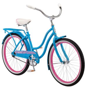 schwinn baywood beach cruiser bike for men women, ages 8 up or rider height 4'8"-5'6", 24-inch wheels, single speed, rear cargo rack, bright blue