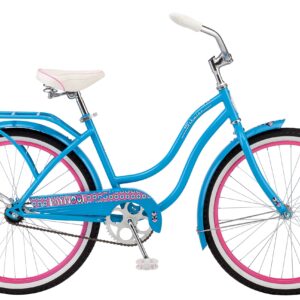 Schwinn Baywood Beach Cruiser Bike for Men Women, Ages 8 Up or Rider Height 4'8"-5'6", 24-Inch Wheels, Single Speed, Rear Cargo Rack, Bright Blue