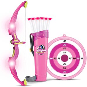 liberty imports kids bow and arrow set - led light up archery toy set with 6 suction cup arrows, target, quiver - indoor and outdoor target practice for girls (pink)