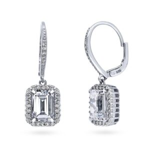 berricle sterling silver halo emerald cut cubic zirconia cz anniversary leverback dangle drop earrings for women, rhodium plated