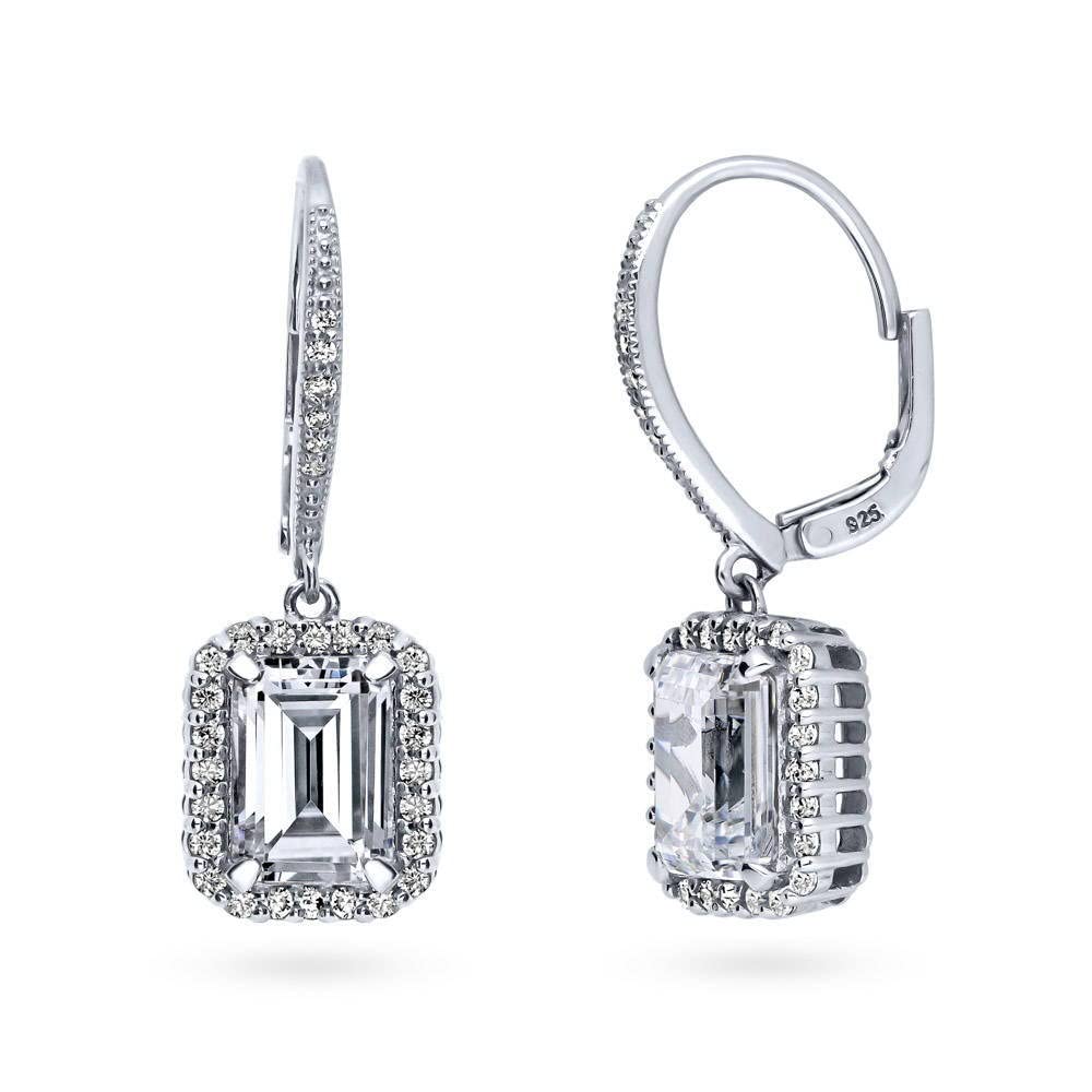 BERRICLE Sterling Silver Halo Emerald Cut Cubic Zirconia CZ Anniversary Leverback Dangle Drop Earrings for Women, Rhodium Plated