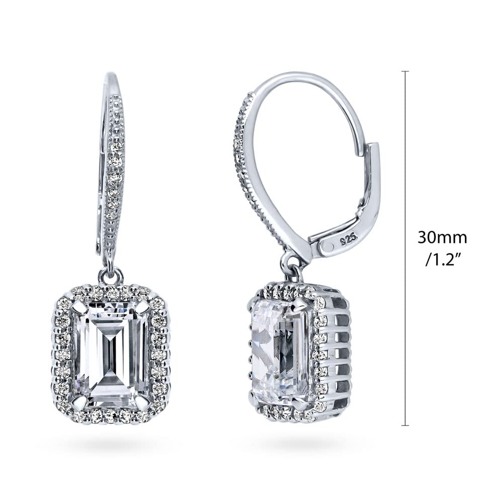 BERRICLE Sterling Silver Halo Emerald Cut Cubic Zirconia CZ Anniversary Leverback Dangle Drop Earrings for Women, Rhodium Plated