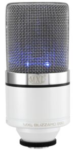 mxl 990 condenser microphone for podcasting, singing, home studio recording, gaming & streaming | blue led lights | xlr | large diaphragm (blizzard)