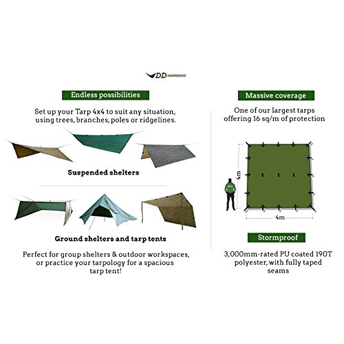 DD Hammocks - DD Tarp 4x4 - Coyote Brown (13ft x 13ft) - 100% Waterproof Lightweight & Multifunctional Rainfly Square Tarp Tent Group Shelter for Camping Bushcraft & Scouts