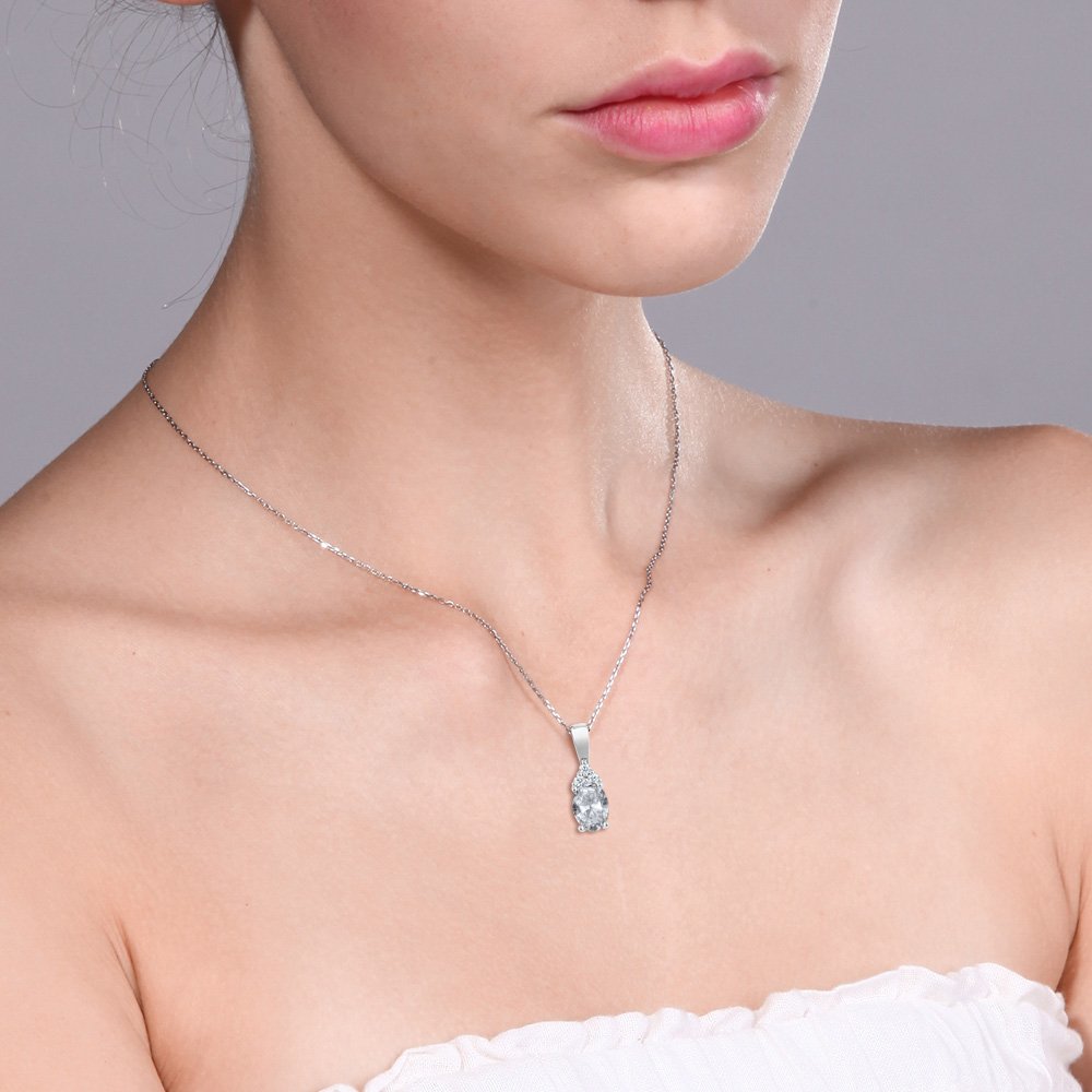 Gem Stone King 10K White Gold Oval Gemstone Birthstone and White Diamond Necklace | Oval 6X4MM | Gold Pendant Necklace for Women | with 18 Inch Chain