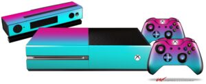 smooth fades neon teal hot pink - holiday bundle wraptorskinz decal style vinyl skin wrap compatible with xbox one original console, kinect and 2 controllers (gaming system not included)