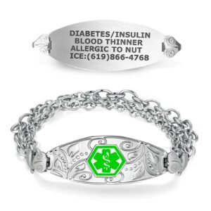 divoti custom engraved medical alert bracelets for women, stainless steel medical bracelet, medical id bracelet w/free engraving – lovely filigree tag w/tri-strand-light green-6.0"