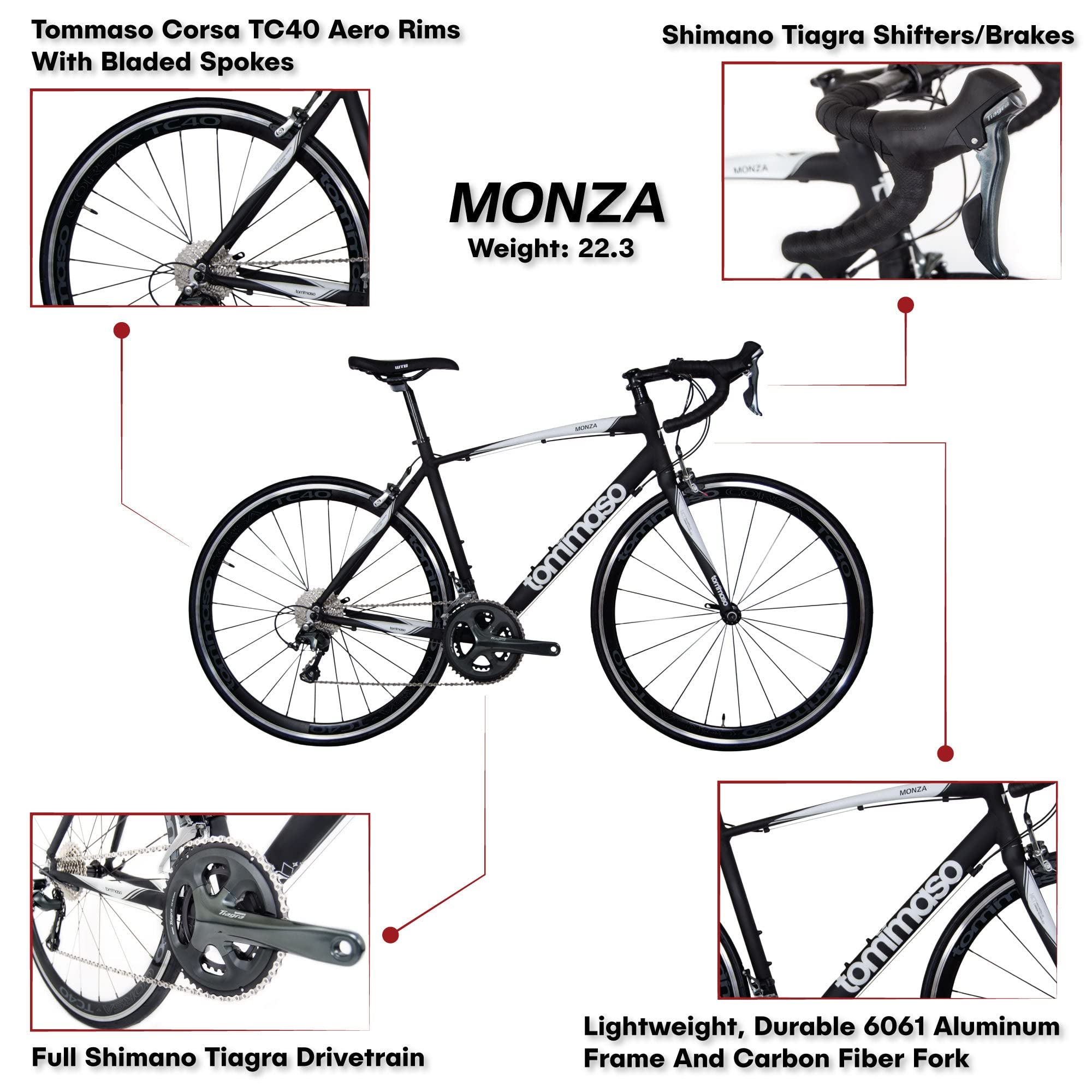 Tommaso Monza Sport Bike Performance Aluminum Road Bike Carbon Shimano Tiagra 24 Speeds Road Bicycle Men Road Bikes for Men Bike Men Women Speed Bike Racing Bike Adult Bike City Bike Black Small 53cm