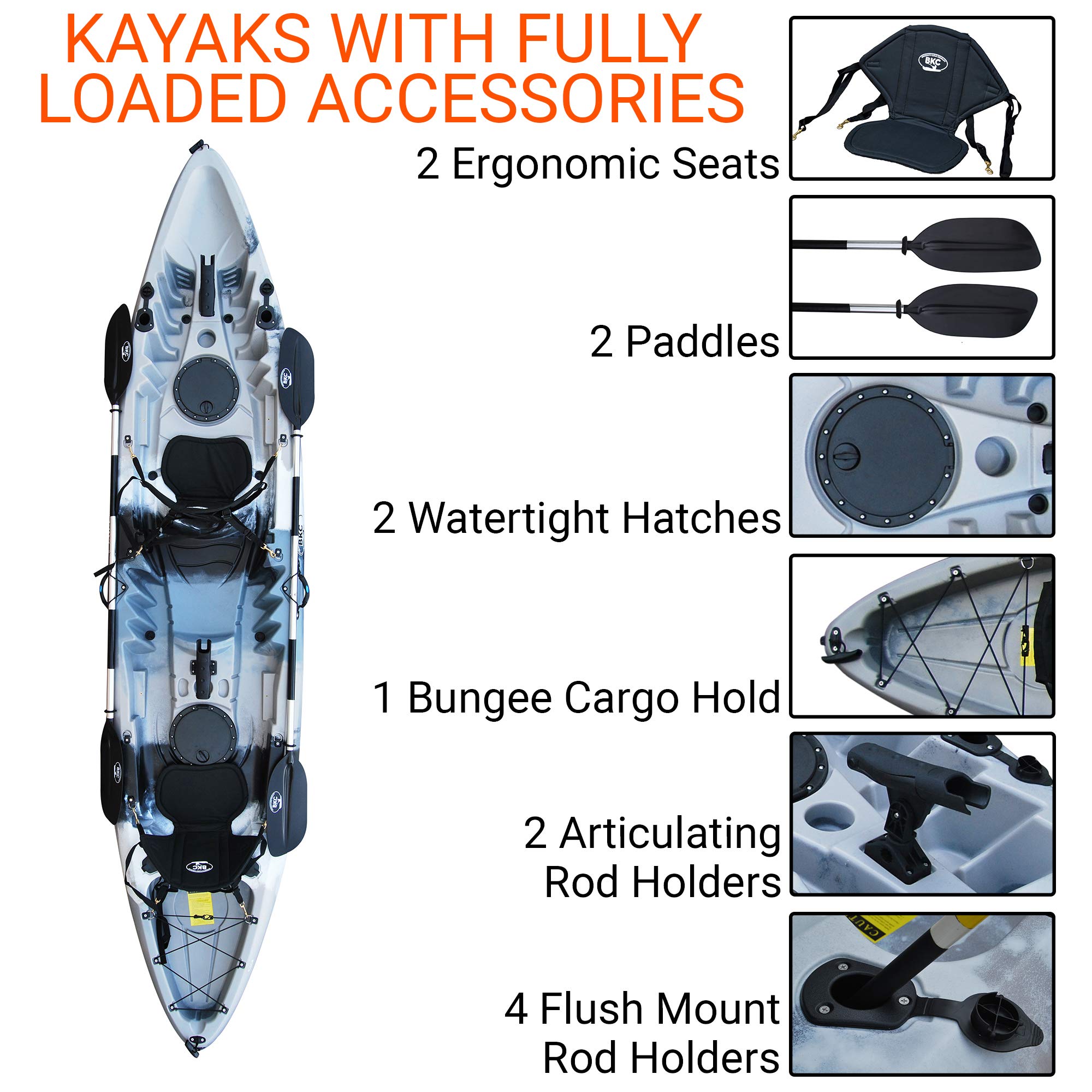 BKC TK219 12.5-Foot Tandem 2 or 3 Person Sit On Top Fishing Kayak w/Padded Seats and Paddles (Grey Camo)