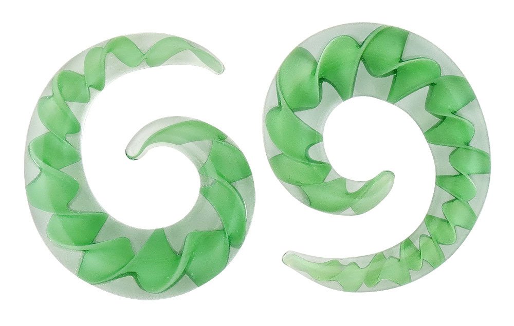 Pair Green Ribbon Pyrex Glass Spiral 0g 0 Gauge 8mm