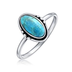 western boho delicate bezel set oval cabochon gemstone blue turquoise ring for women teen 1mm thin band oxidized .925 sterling silver