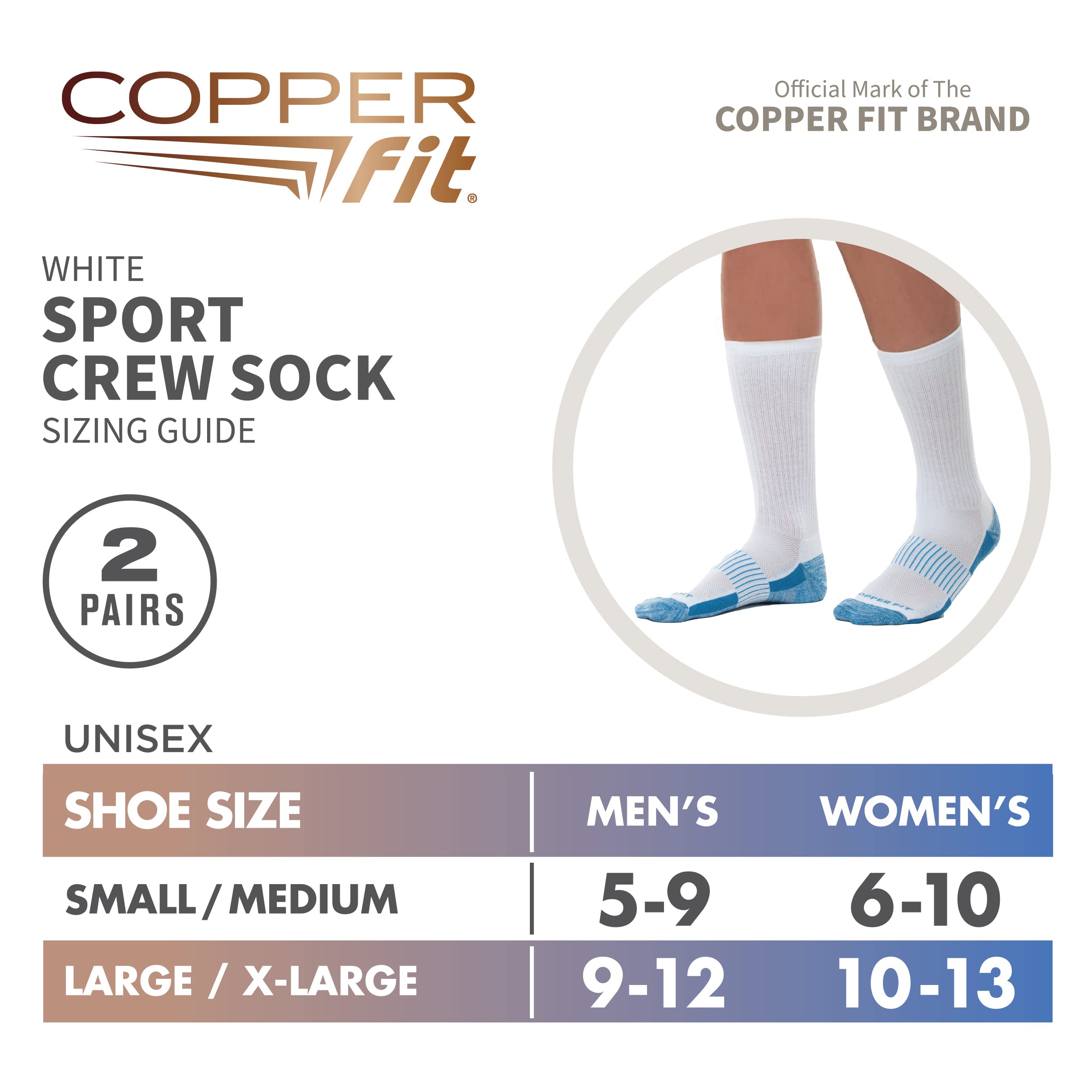 Copper Fit unisex adult Crew Sport - 2 Pack Running Socks, White, Small-Medium US