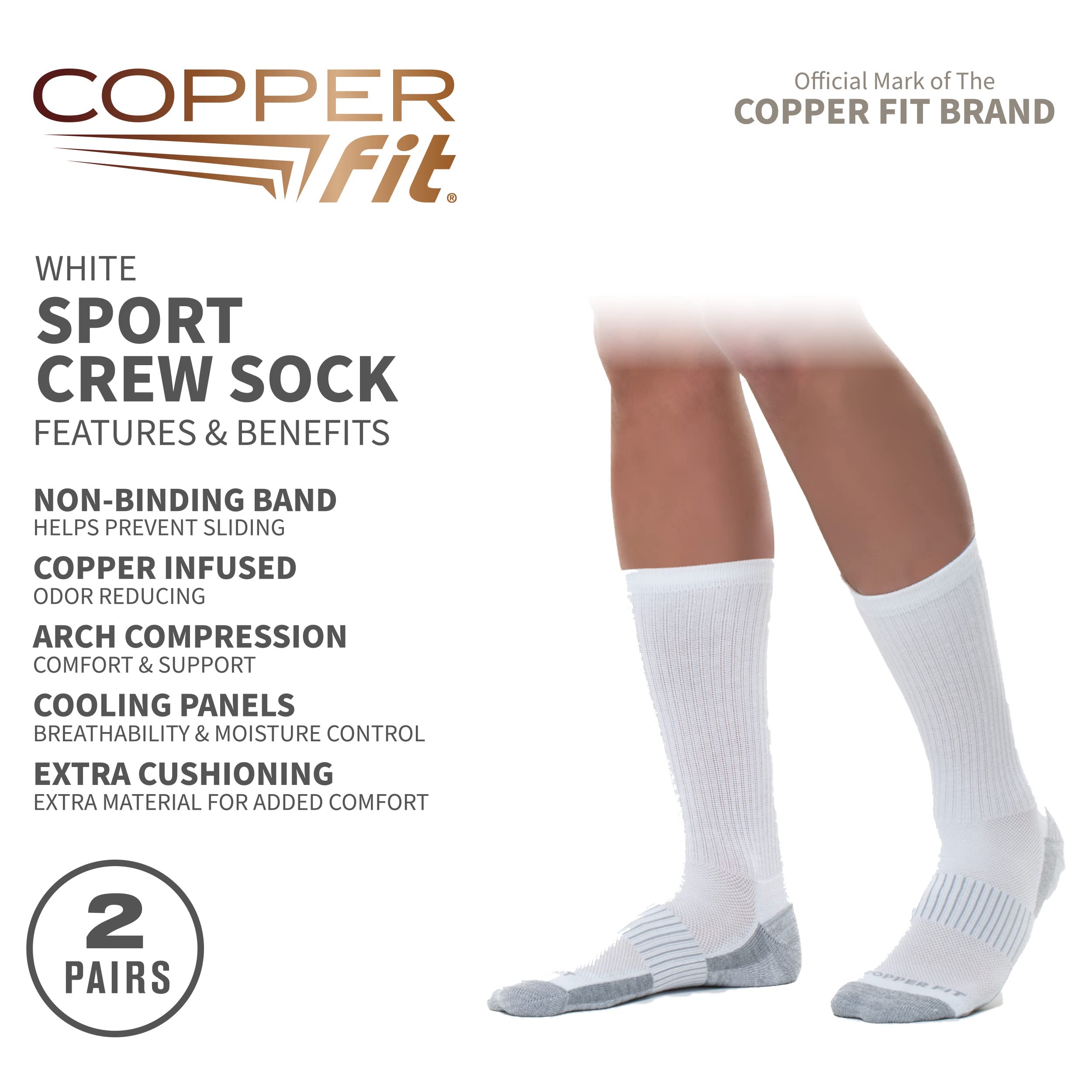 Copper Fit unisex adult Crew Sport - 2 Pack Running Socks, White, Small-Medium US