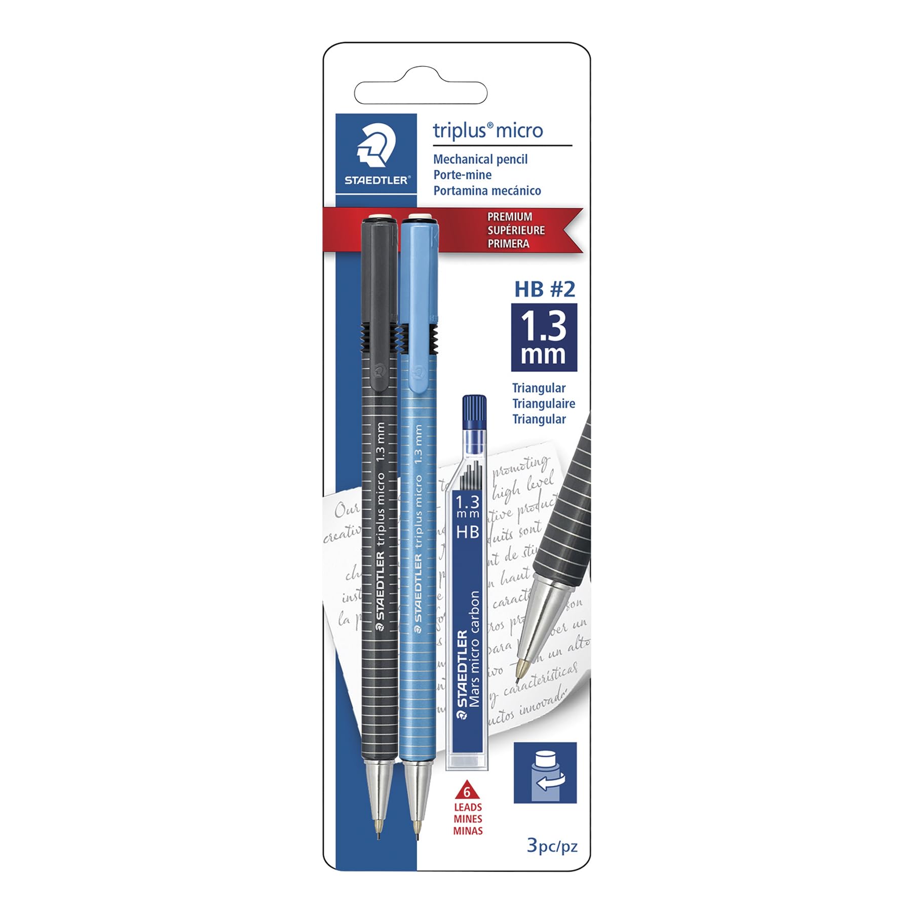 Staedtler triplus micro 1.3mm Lead Retractable Mechanical Pencil with Twist Eraser, 6 refills, 2-Pack, 77413SBKA6, Model: 77413SBKA6ST