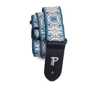 perris leather guitar strap - the hope collection - mandala design polyester guitar strap, with leather ends - electric/acoustic/bass guitar strap - adjustable strap from 39″ to 58″ - blue