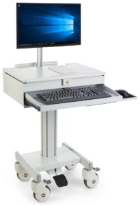 displays2go mobile desk with monitor display & keyboard tray, locking wheels, steel, plastic, mdf – gray (dwmdc1m)