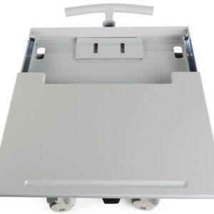 Displays2go Mobile Desk with Monitor Display & Keyboard Tray, Locking Wheels, Steel, Plastic, MDF – Gray (DWMDC1M)