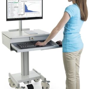 Displays2go Mobile Desk with Monitor Display & Keyboard Tray, Locking Wheels, Steel, Plastic, MDF – Gray (DWMDC1M)