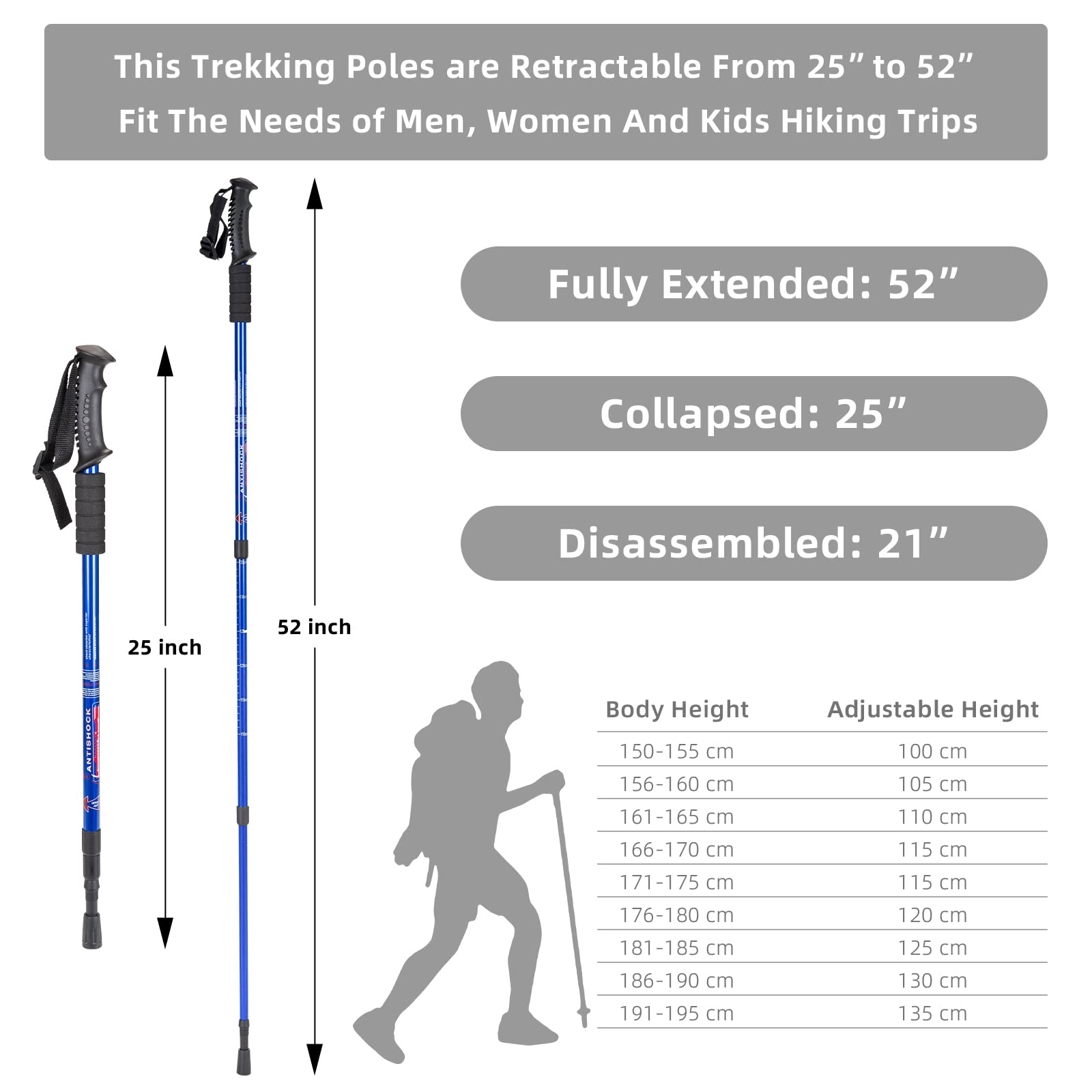 Aihoye Trekking Poles, Collapsible Lightweight Shock-Absorbent Hiking walking Sticks Adjustable Aluminum Hiking poles for Women Men Kids, 2 Pack(blue)