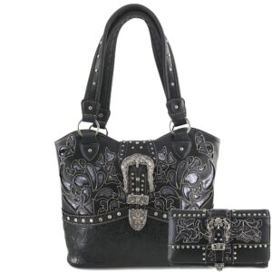 justin west western brown purse tooled laser cut floral design studs rhinestone buckle concealed carry handbag with trifold wristlet cross body strap wallet set (black tote)