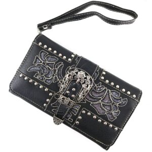 Justin West Western Brown Purse Tooled Laser Cut Floral Design Studs Rhinestone Buckle Concealed Carry Handbag With Trifold Wristlet Cross Body Strap Wallet Set (Black Tote)