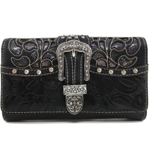 Justin West Western Brown Purse Tooled Laser Cut Floral Design Studs Rhinestone Buckle Concealed Carry Handbag With Trifold Wristlet Cross Body Strap Wallet Set (Black Tote)