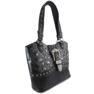 Justin West Western Brown Purse Tooled Laser Cut Floral Design Studs Rhinestone Buckle Concealed Carry Handbag With Trifold Wristlet Cross Body Strap Wallet Set (Black Tote)