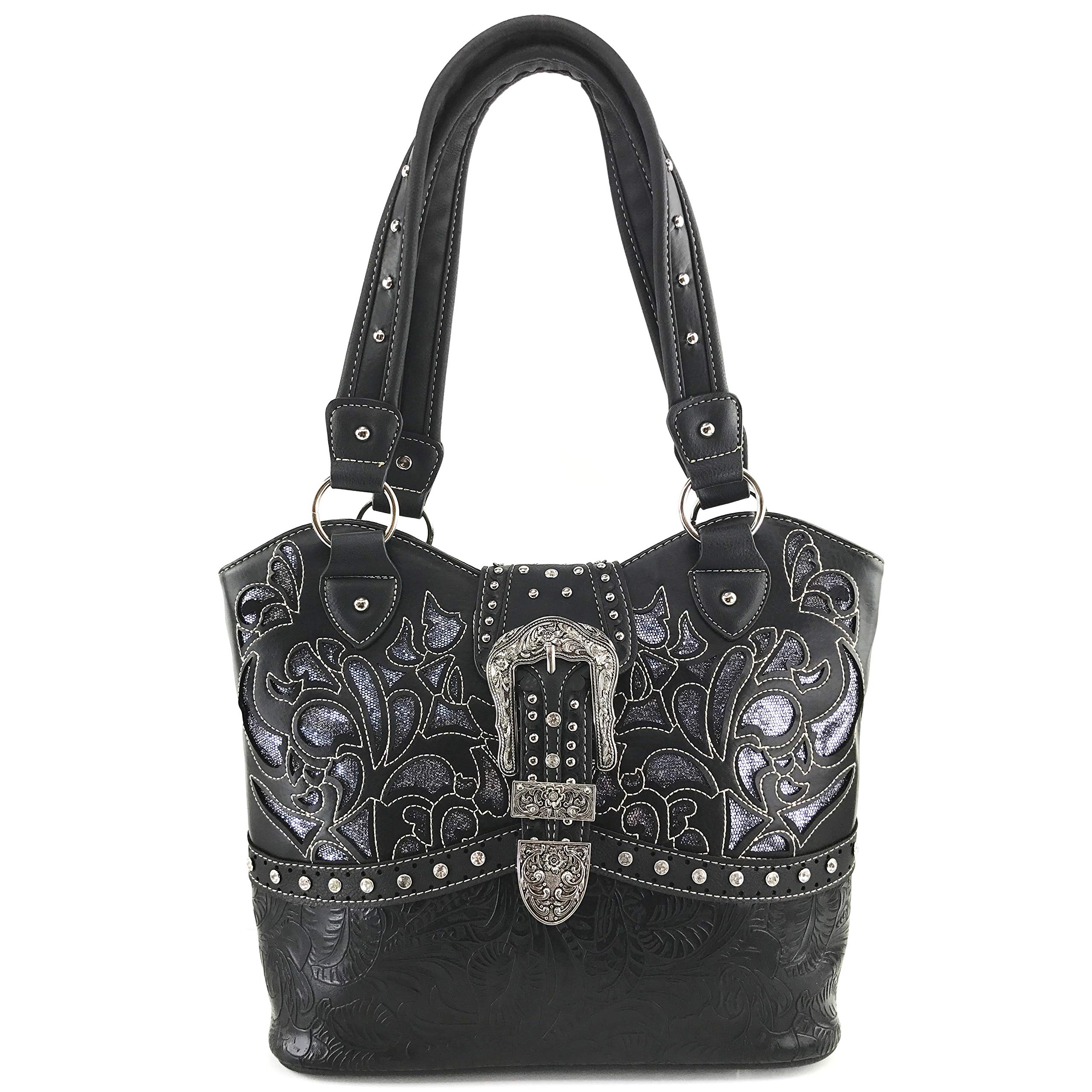 Justin West Western Brown Purse Tooled Laser Cut Floral Design Studs Rhinestone Buckle Concealed Carry Handbag With Trifold Wristlet Cross Body Strap Wallet Set (Black Tote)