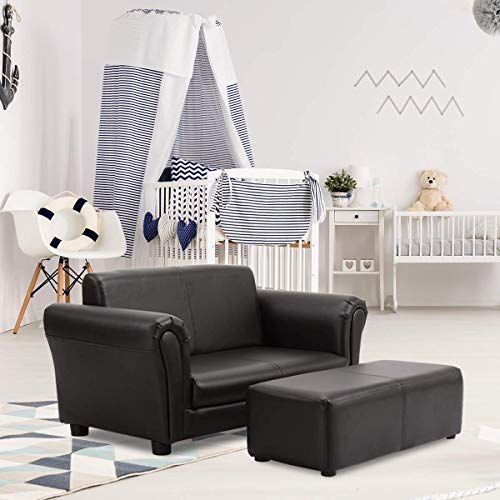 Costzon Kids Couch with Footstool, 2 in 1 Double Seat Children's Sofa w/PU Leather Surface, Armrest Chair Lounge for Preschool Bedroom Kids Room Toddlers Boys Girls Birthday (Black)